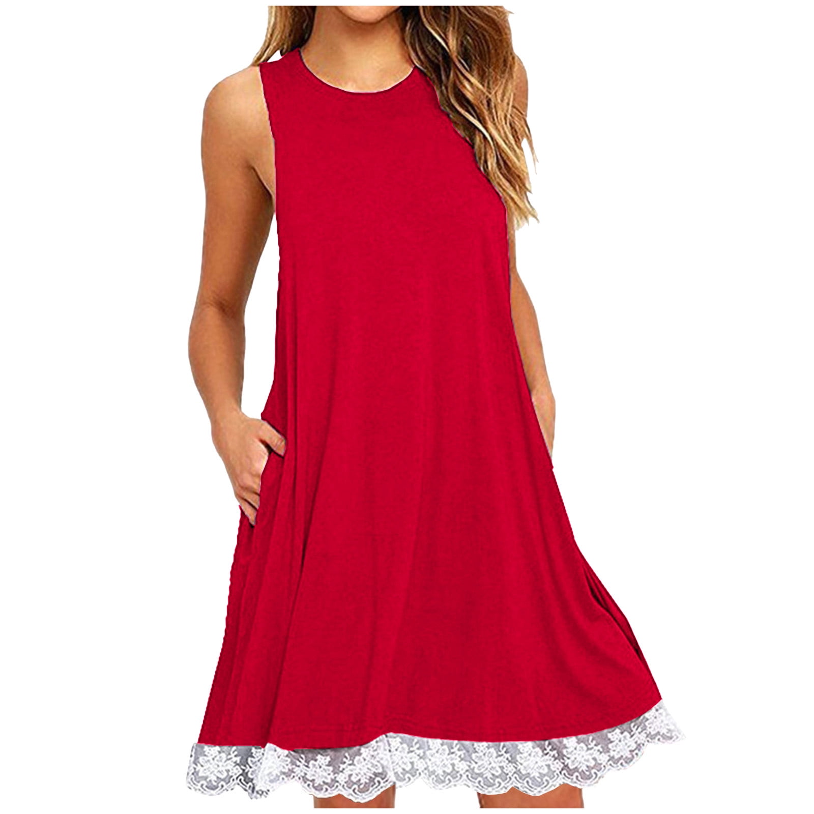 Red Sleeveless Dresses for Women Fall Summer Boat Neck Lace Midi Knee High Loose Fit Casual ...