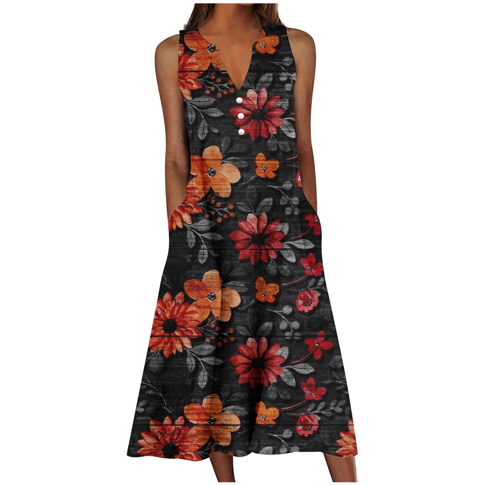 Red Sleeveless Sun Dress for Women Fall Summer V Neck Flower Graphic ...