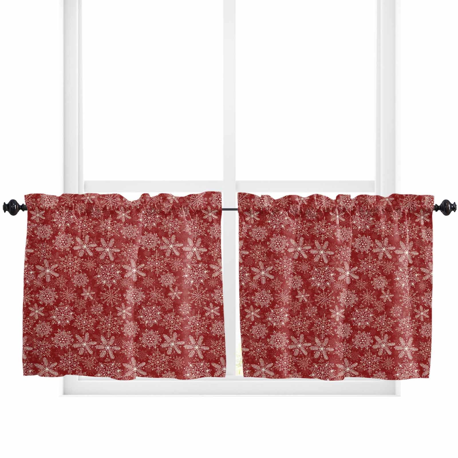 Red Snowflake Christmas Kitchen Curtain 2 Panels Tiers Curtains 24 Inch ...