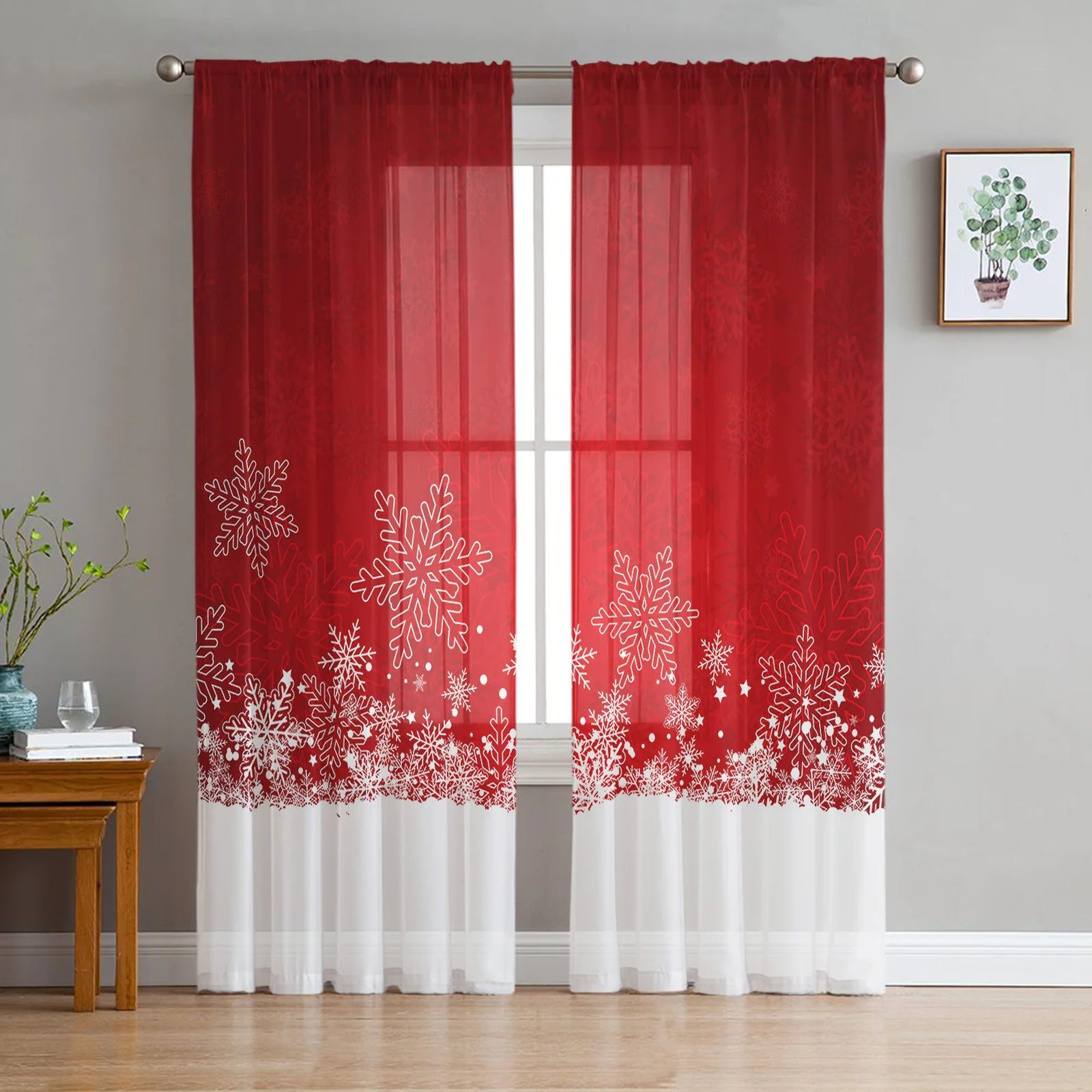 Red Snowflake Gradient Texture Window Tulle Curtains for Living Room ...