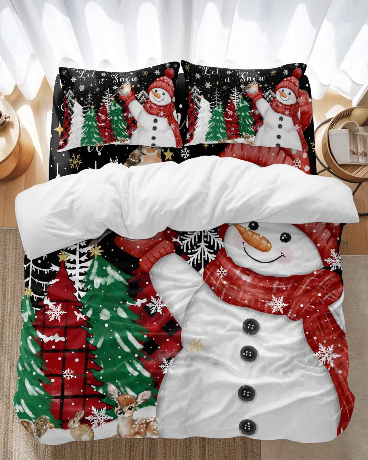 Red Snowman Bedding Duvet Cover Set Twin Size 4 Pieces Christmas Let ...