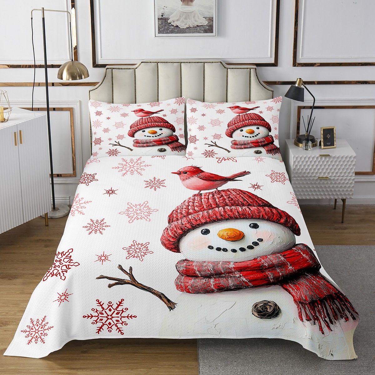Red Snowman Bedspread Set Queen Size, Cute Snowflakes Winter Quilt Set ...