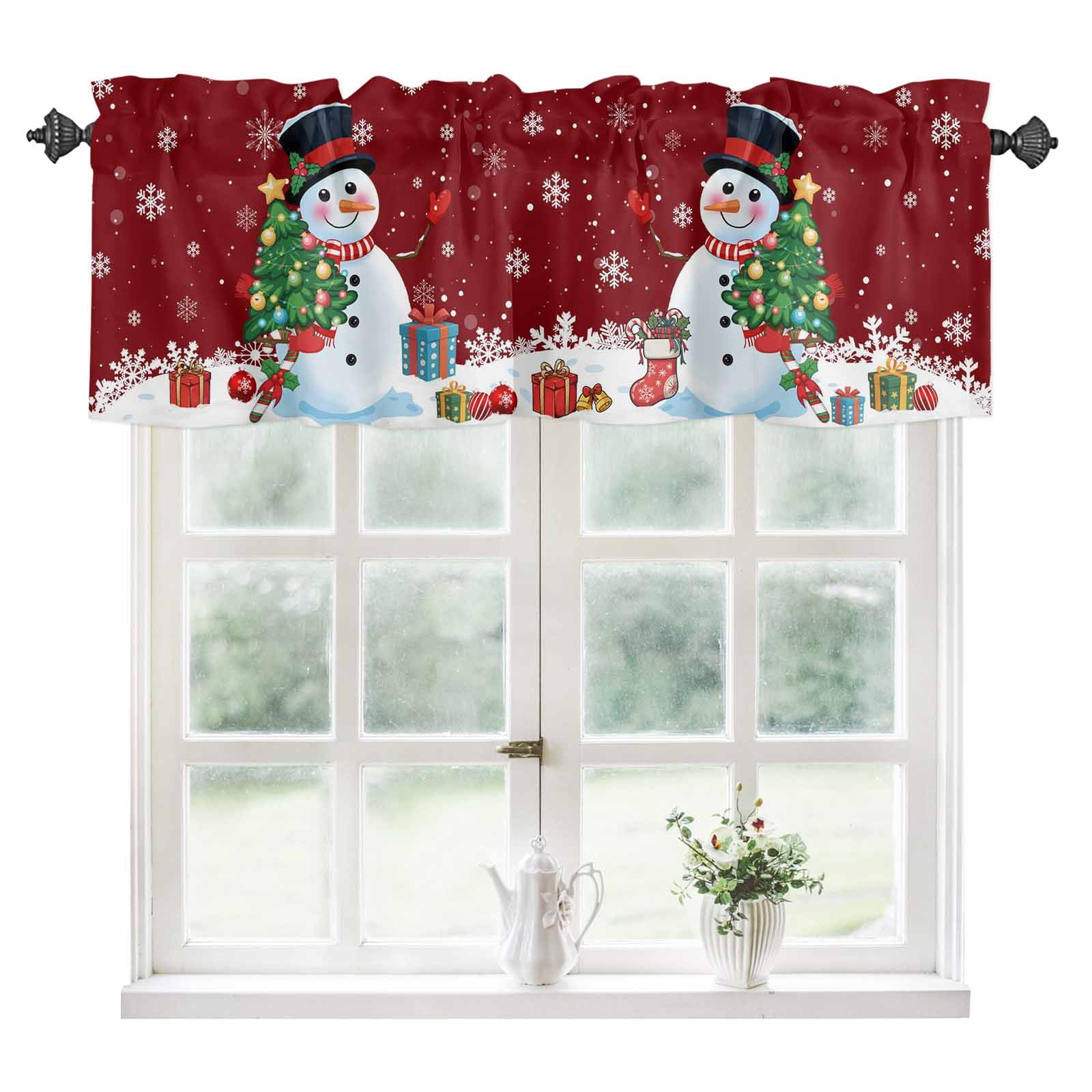 Red Snowman Christmas Kitchen Valances for Windows 42x12 Inch Kitchen ...
