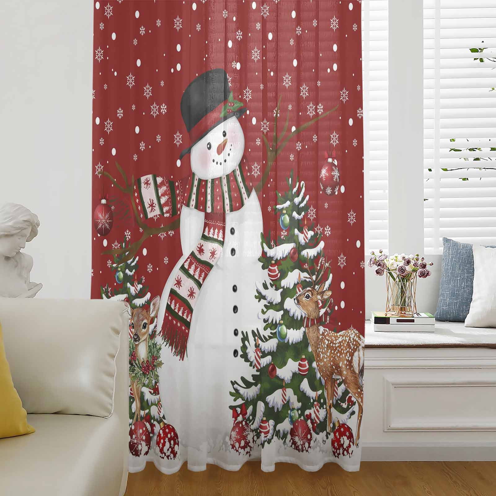 Red Snowman Christmas Semi Sheer Curtains Drapes for Living Room ...
