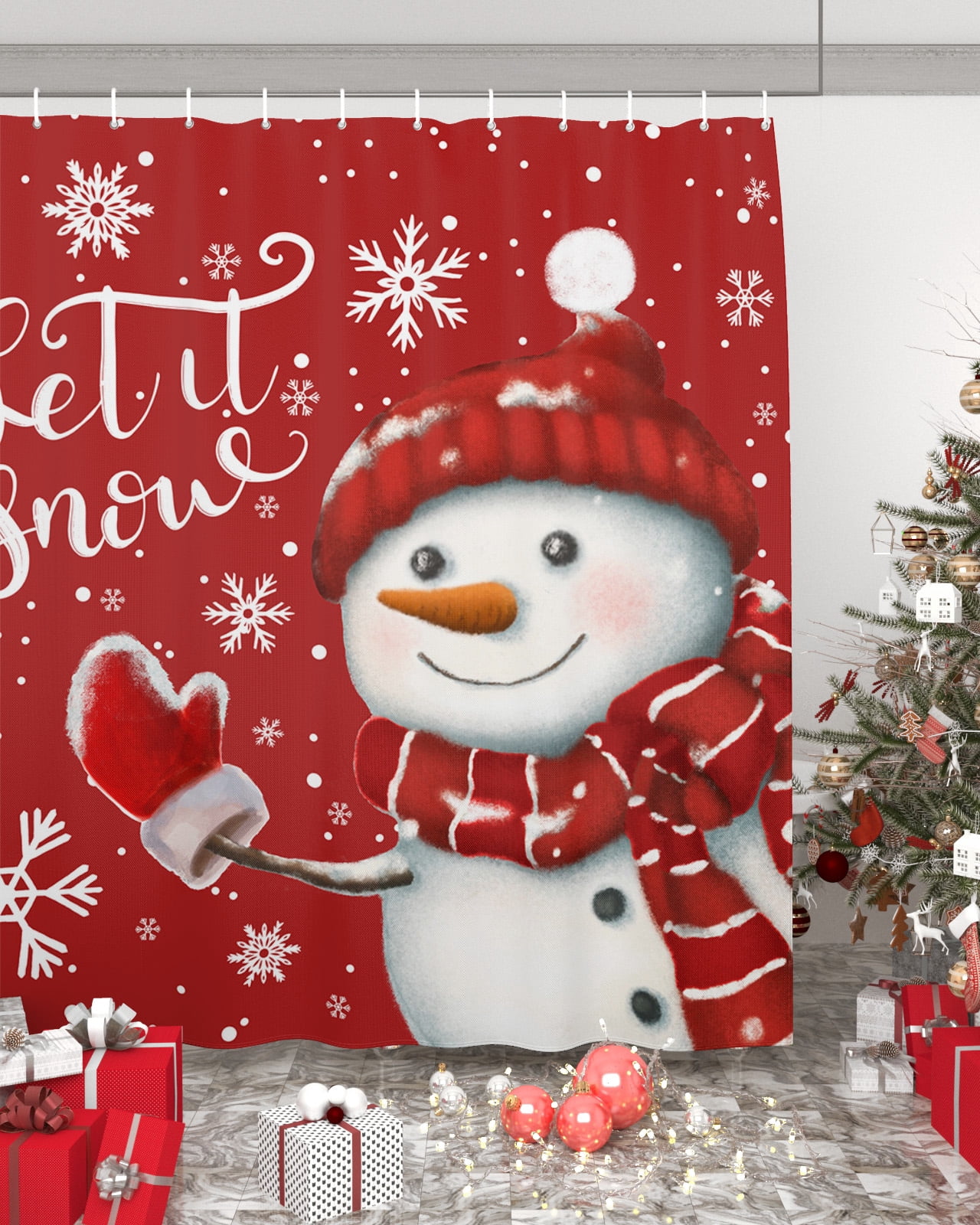 Red Snowman Christmas Waterproof Fabric Shower Curtain, Xmas Winter ...