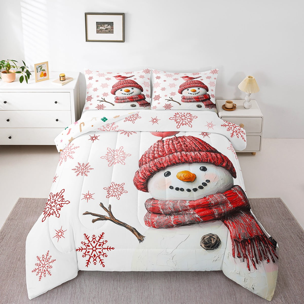 Red Snowman Full Size Comforter Set, Cute Snowflakes Winter Bed Set ...
