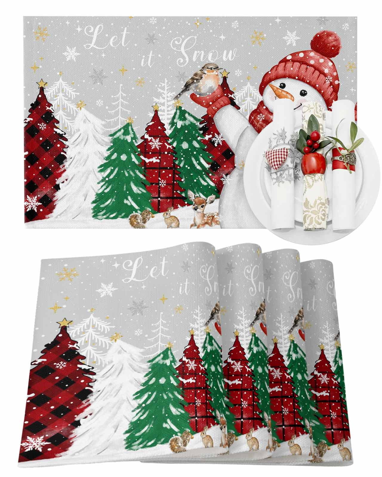 Red Snowman Placemats Set of 2 Christmas Let Snow Pine Trees Bird ...