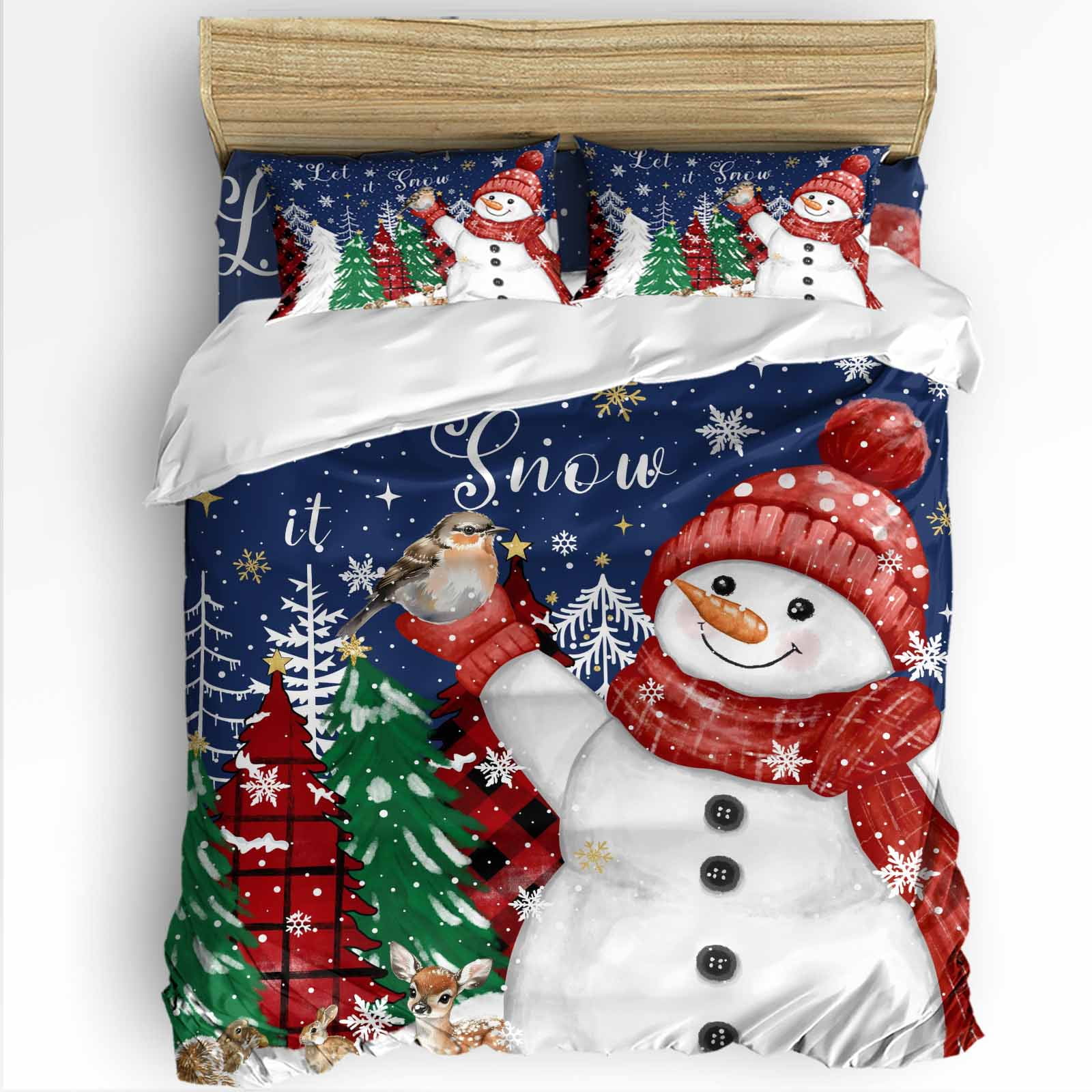 Red Snowman Queen Size Comforter Set, Christmas Let Snow Pine Trees ...