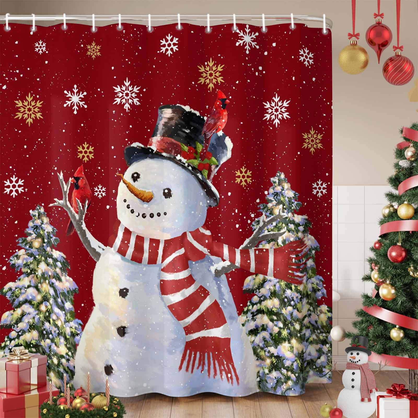 Red Snowman Shower Curtain, Christmas Tree Snowflake Winter Holiday ...