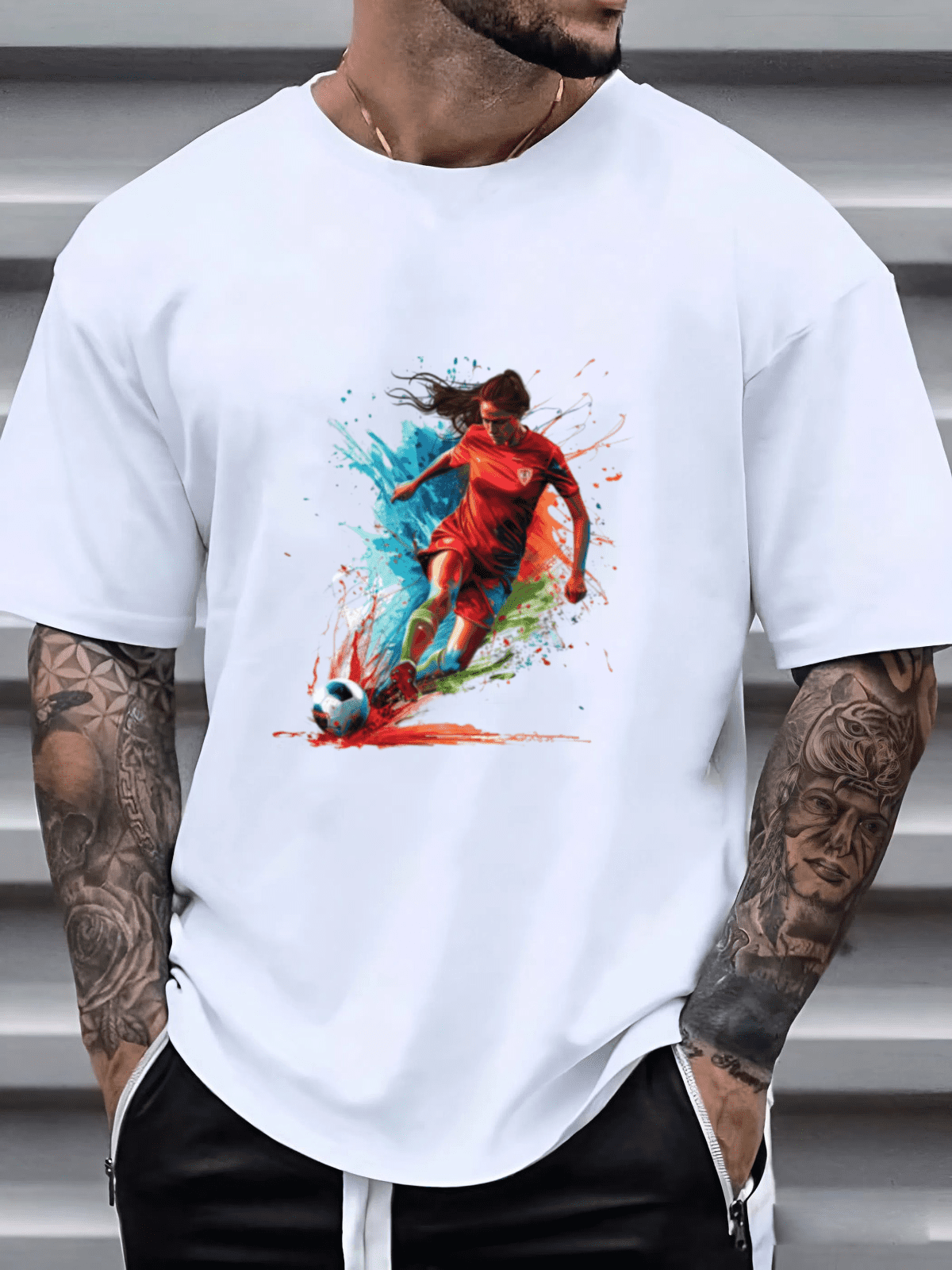 Red Soccer Player Motion With Colorful Artistic Paint Splash Unisex T ...