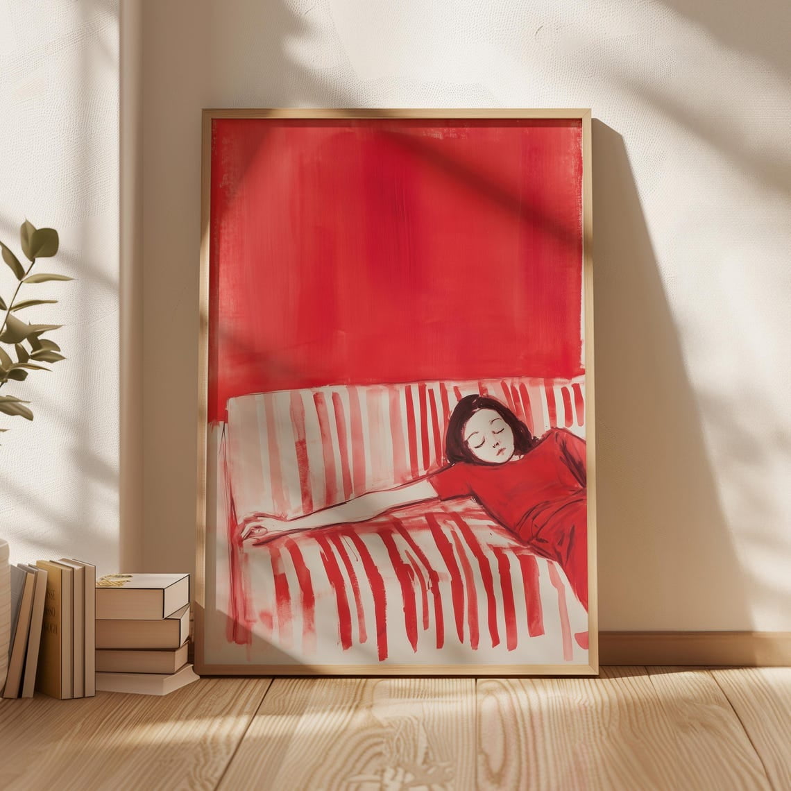Red Sofa Art Print, Woman Resting Painting, Minimal Striped Couch Decor ...