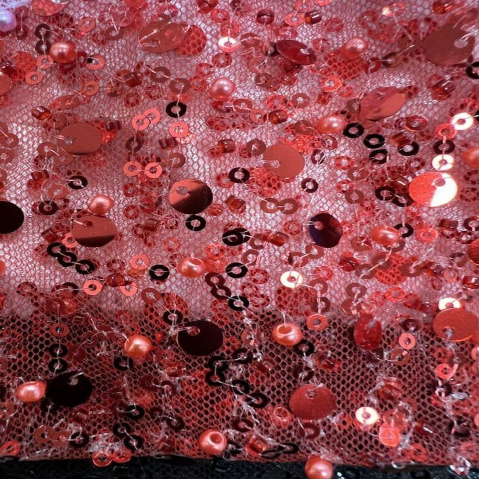 Red Soft Tulle Mesh Fabric Heavily Embellished with Sequins, Beads ...