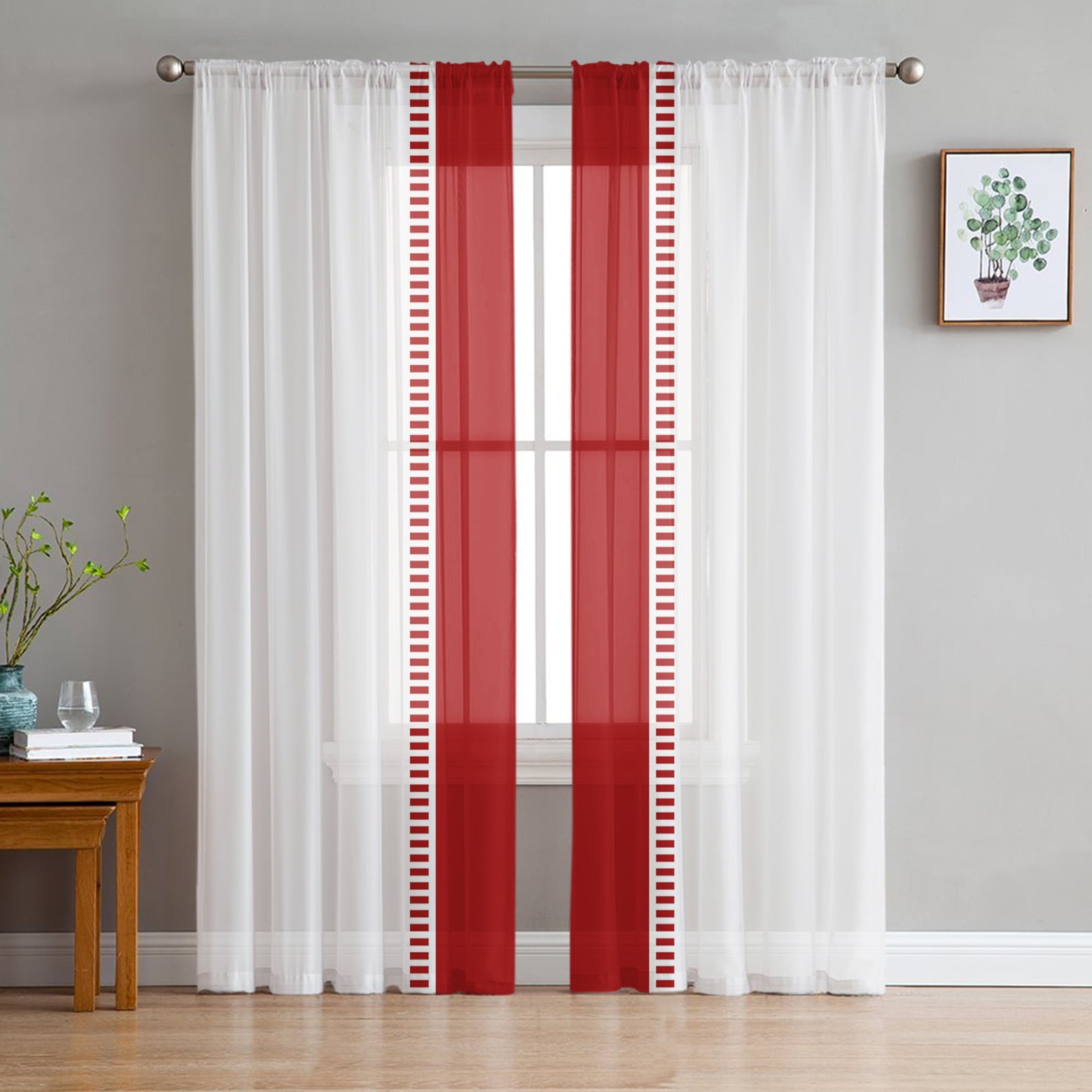 Red Solid Color Texture Sheer Curtains 84 Inches Long 2 Panels Set ...