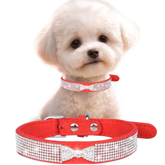 Red Sparkly Dog Collars for Female Dogs, Pretty Diamond Bow Rhinestone ...