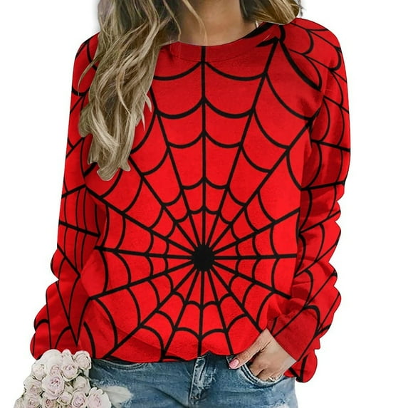 Red Spider Web Black Cartoon Hoodie Round Neck Long Sleeve Cute Casual ...