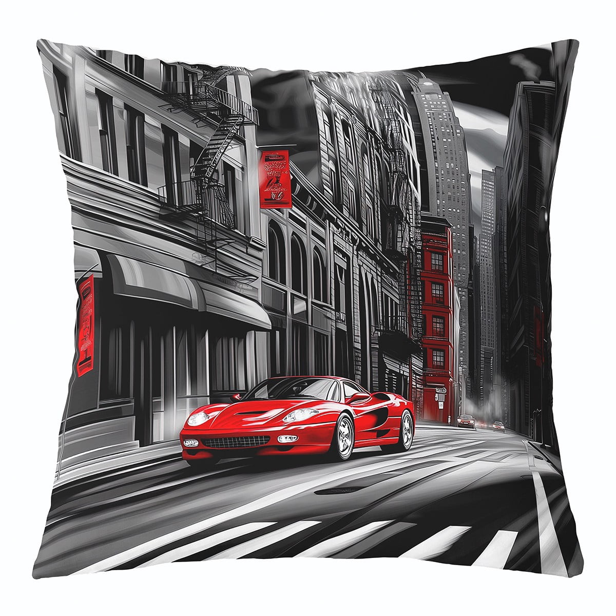 Red Sport Car Pillow Cover,Urban Street View Throw Pillow Covers,Retro ...