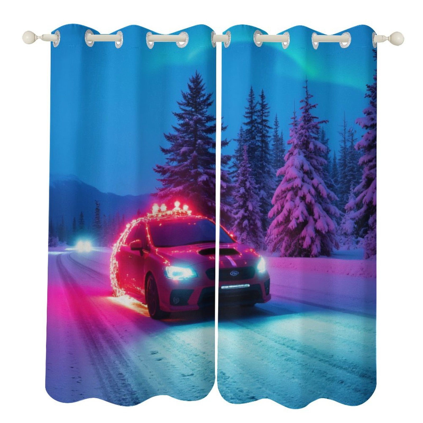 Red Sports Car on Snowy Road at Night 2 Panels Curtains for Bedroom ...