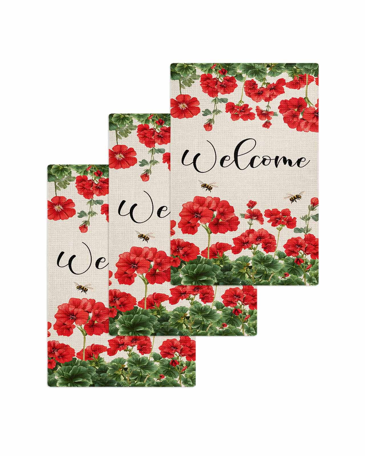 Red Spring Floral Kitchen Dish Towels for Drying Dishes Set of 3, Welcome Green Botanical Rustic ...