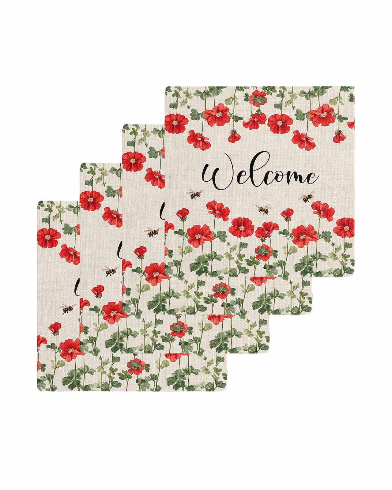 Red Spring Floral Kitchen Dish Towels for Drying Dishes Set of 4, Welcome Botanical Farmhouse ...