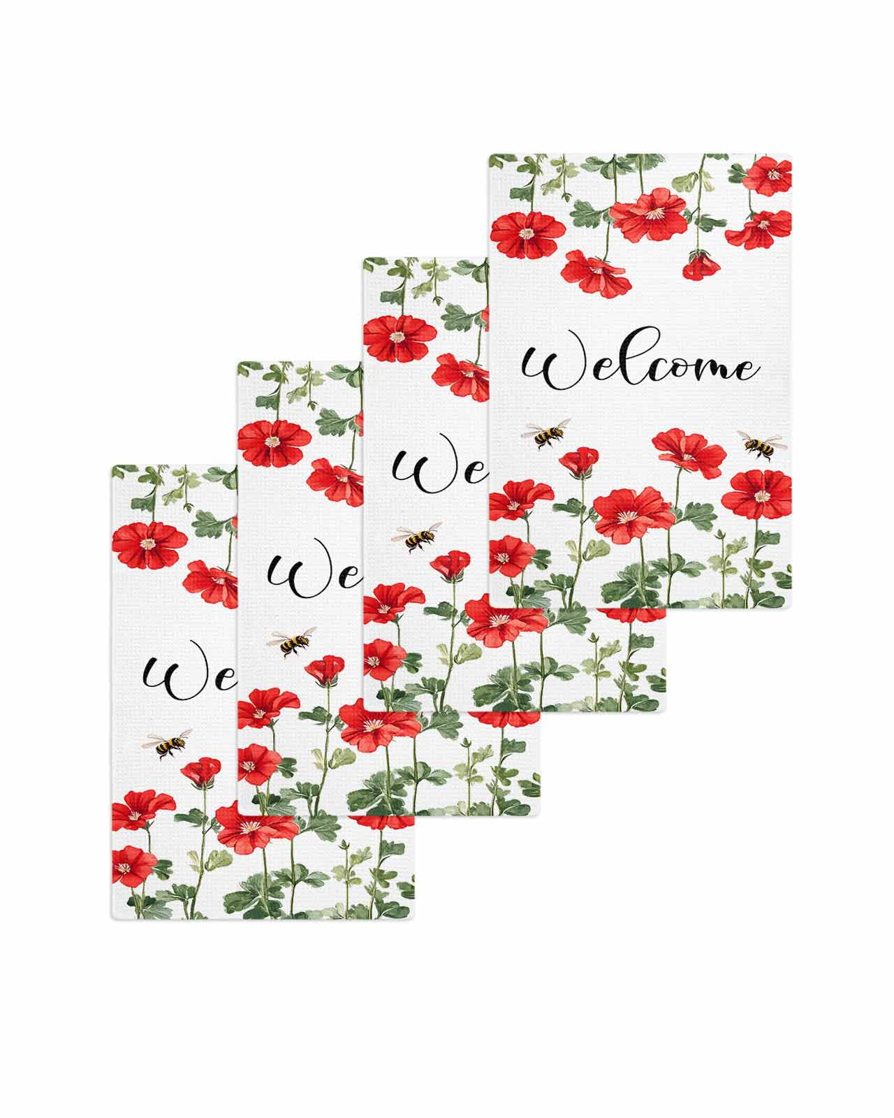 Red Spring Floral Kitchen Dish Towels for Drying Dishes Set of 4, Welcome Botanical Summer Bee ...