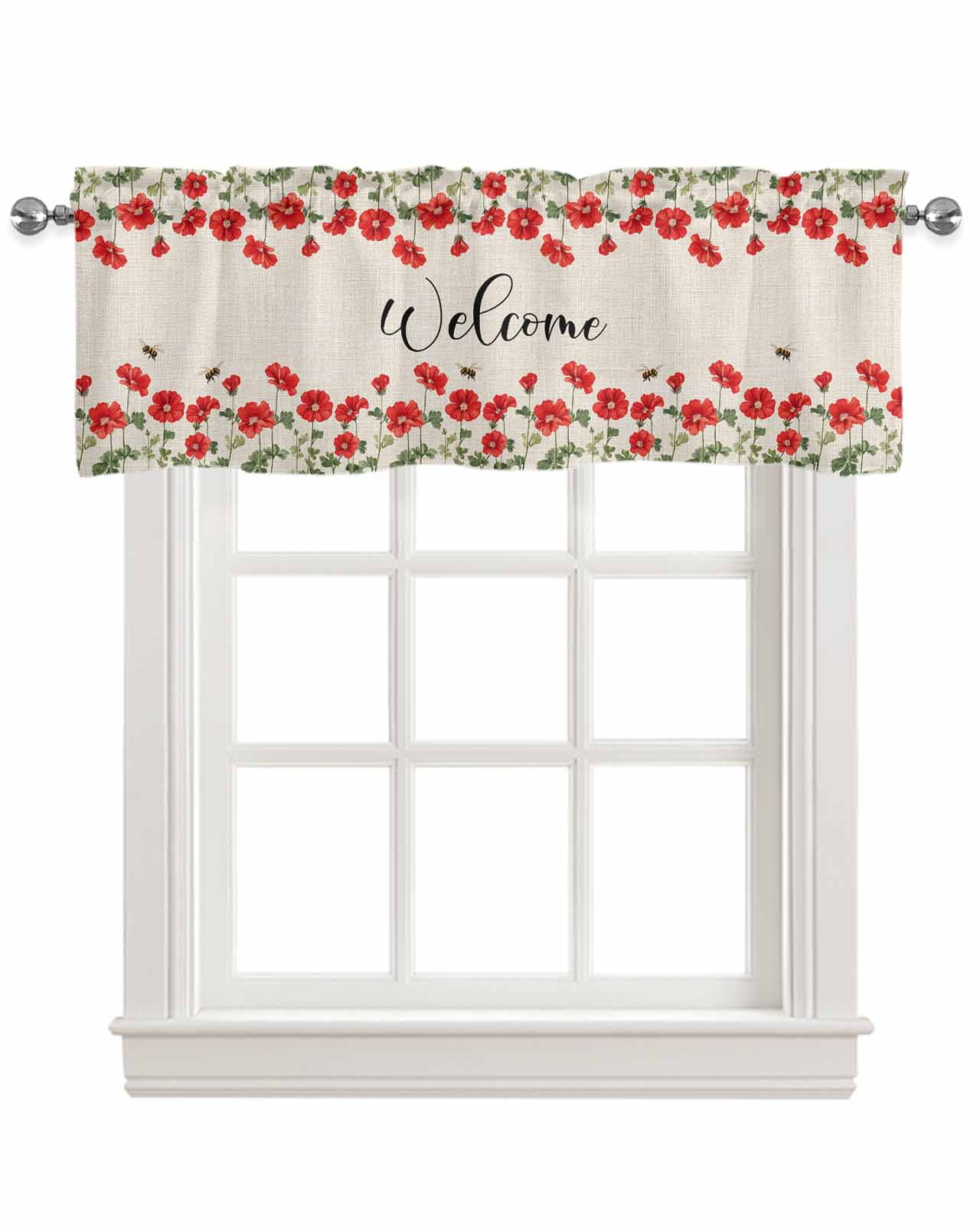 Red Spring Floral Kitchen Valances for Windows Farmhouse Linen Window ...
