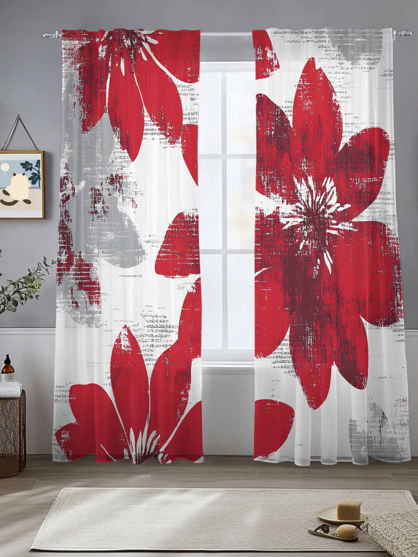 Red Spring Floral Sheer Curtains for Living Room Bedroom Summer Flowers ...