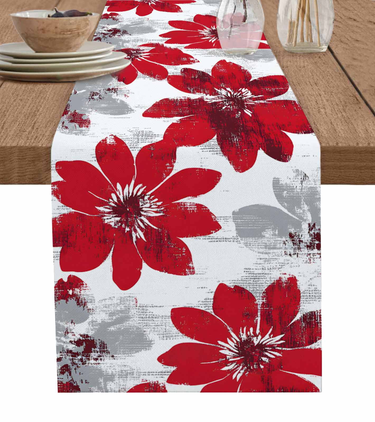Red Spring Floral Table Runner 72 Inches, Summer Flowers Botanical Bed ...
