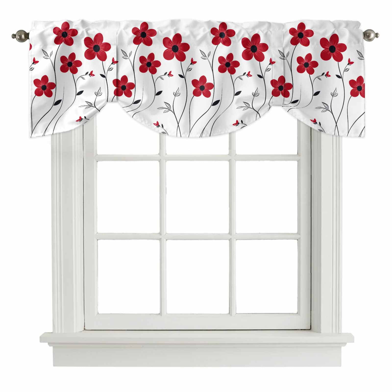Red Spring Floral Tie Up Valance Curtains for Windows, Kitchen Curtains ...