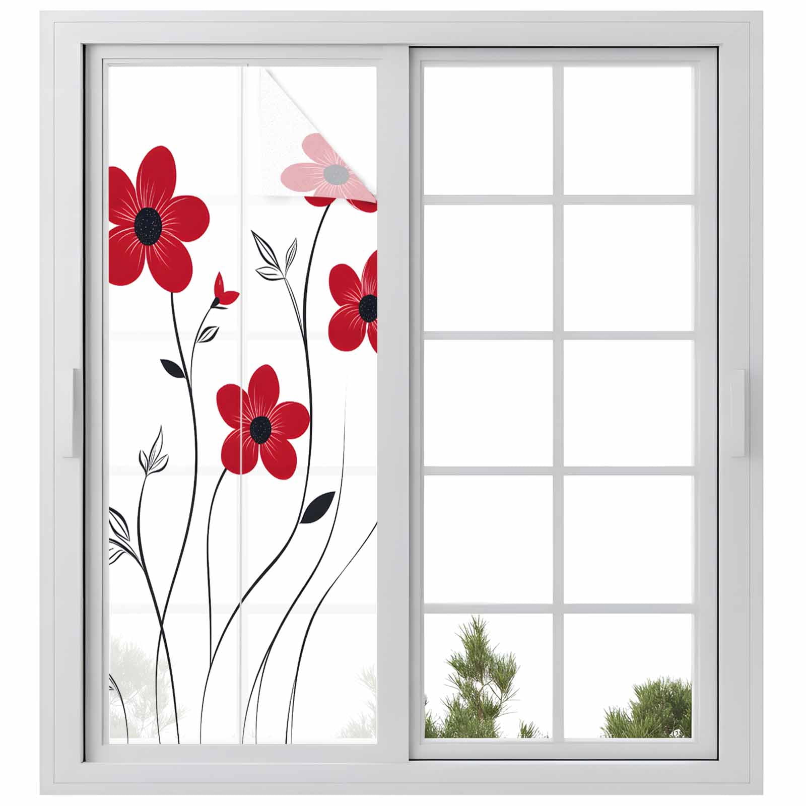 Red Spring Floral Window Privacy Film, Elegant Summer Botanical ...