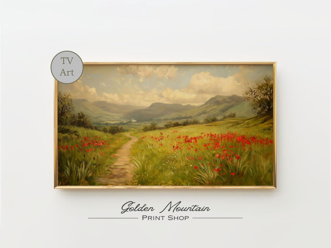 Red Spring Landscape, Wildflower Field, Floral Landscape Vintage ...