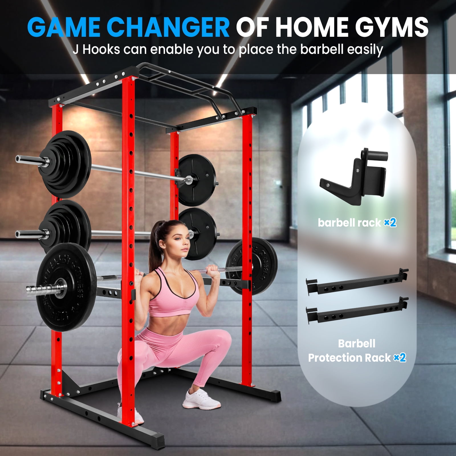 Red Squat Rack with Protection Arm, 1200 LBS All-in-One Fitness Cage ...