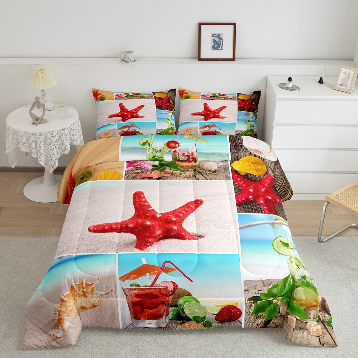 Red Starfish Bedding Set Beaches Quilt for Women Adults Boys,Blue Hawaii Ocean Comforter Set ...