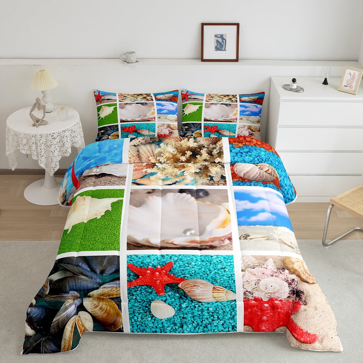 Red Starfish Bedding Set Beaches Quilt for Women Adults,Blue Hawaii ...