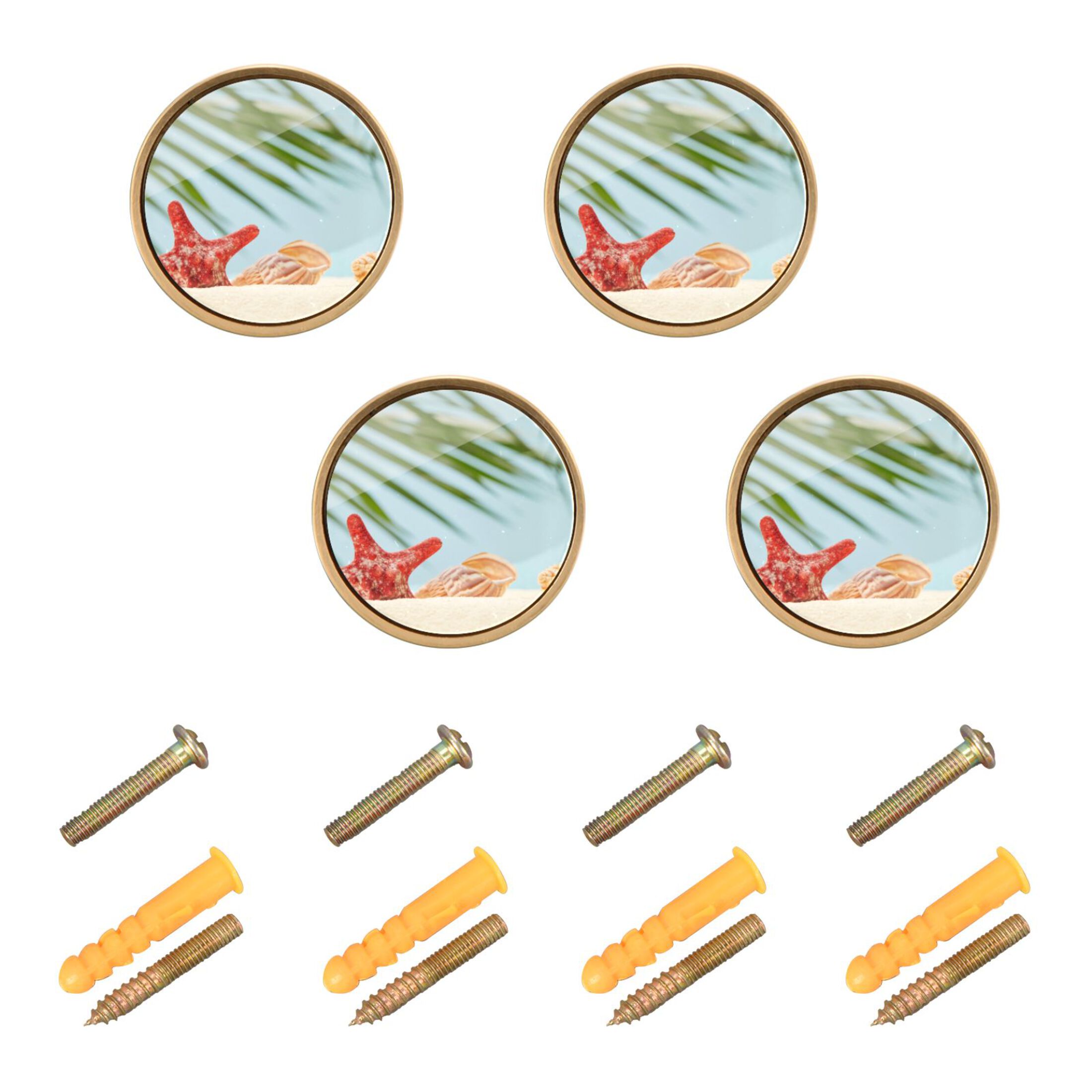 Red Starfish Seashells on Sandy Beach Palm Leaves Cabinet Knobs Kitchen ...