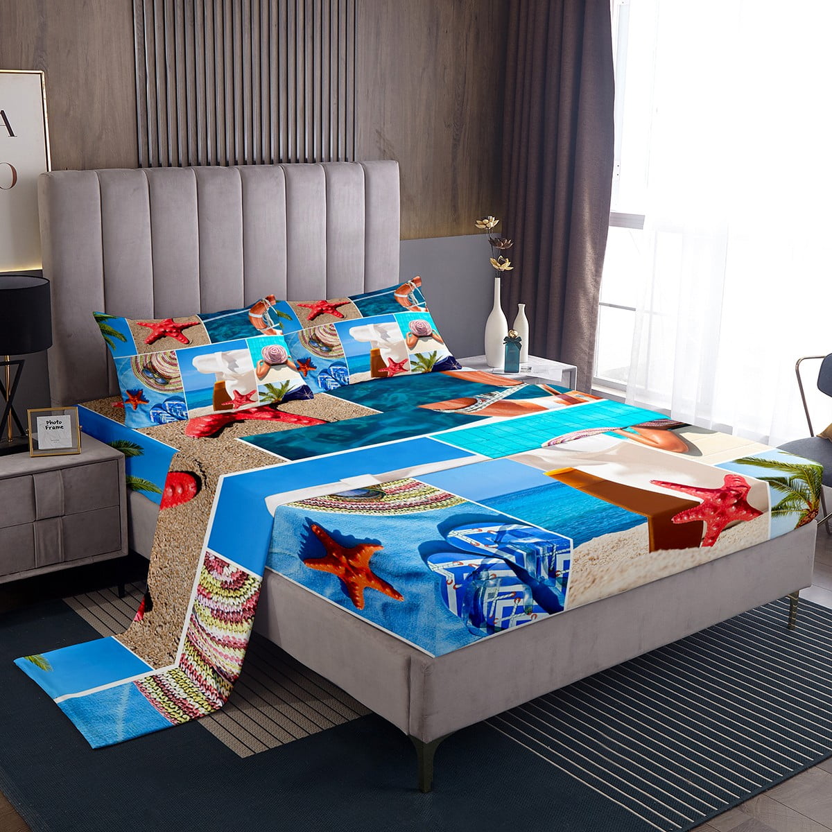 Red Starfish Sheet Set Beaches Sheets for Women Adults Boys,Blue Hawaii Ocean Bed Sheets Set ...