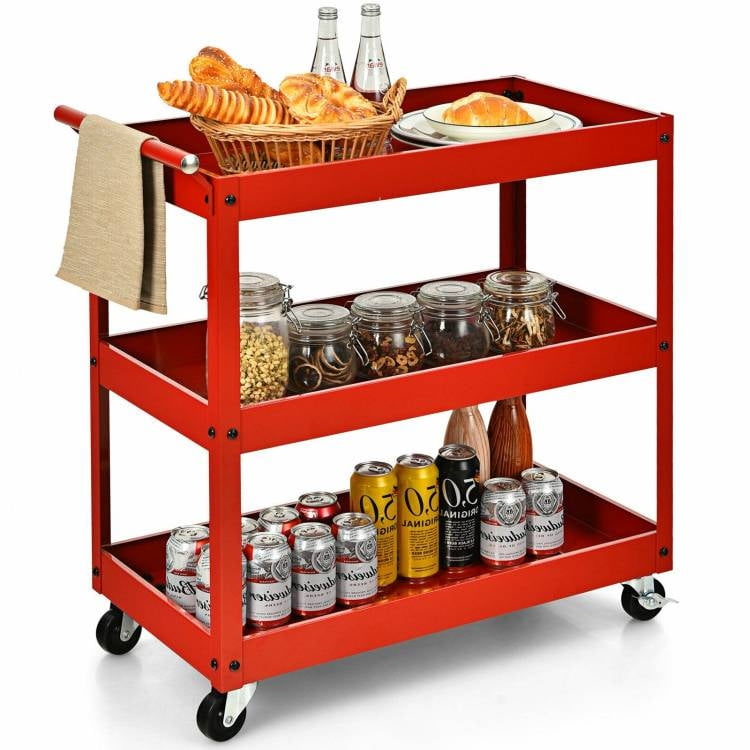Red Steel Frame Kitchen Serving Utility Cart on Wheels with 2 Bottom ...