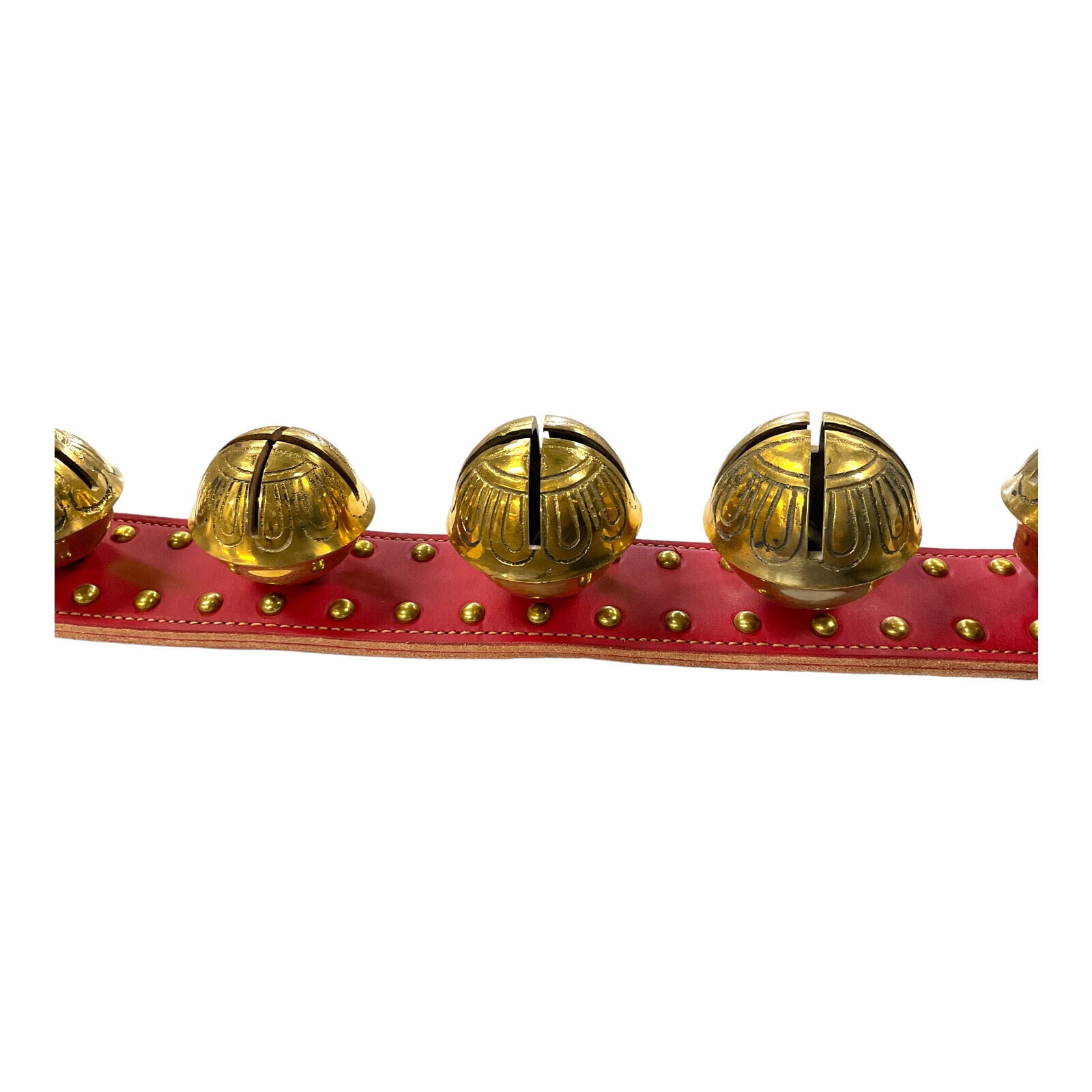 Red Stitched Studded Leather Sleigh Bell Door Strap Solid Brass Bells ...