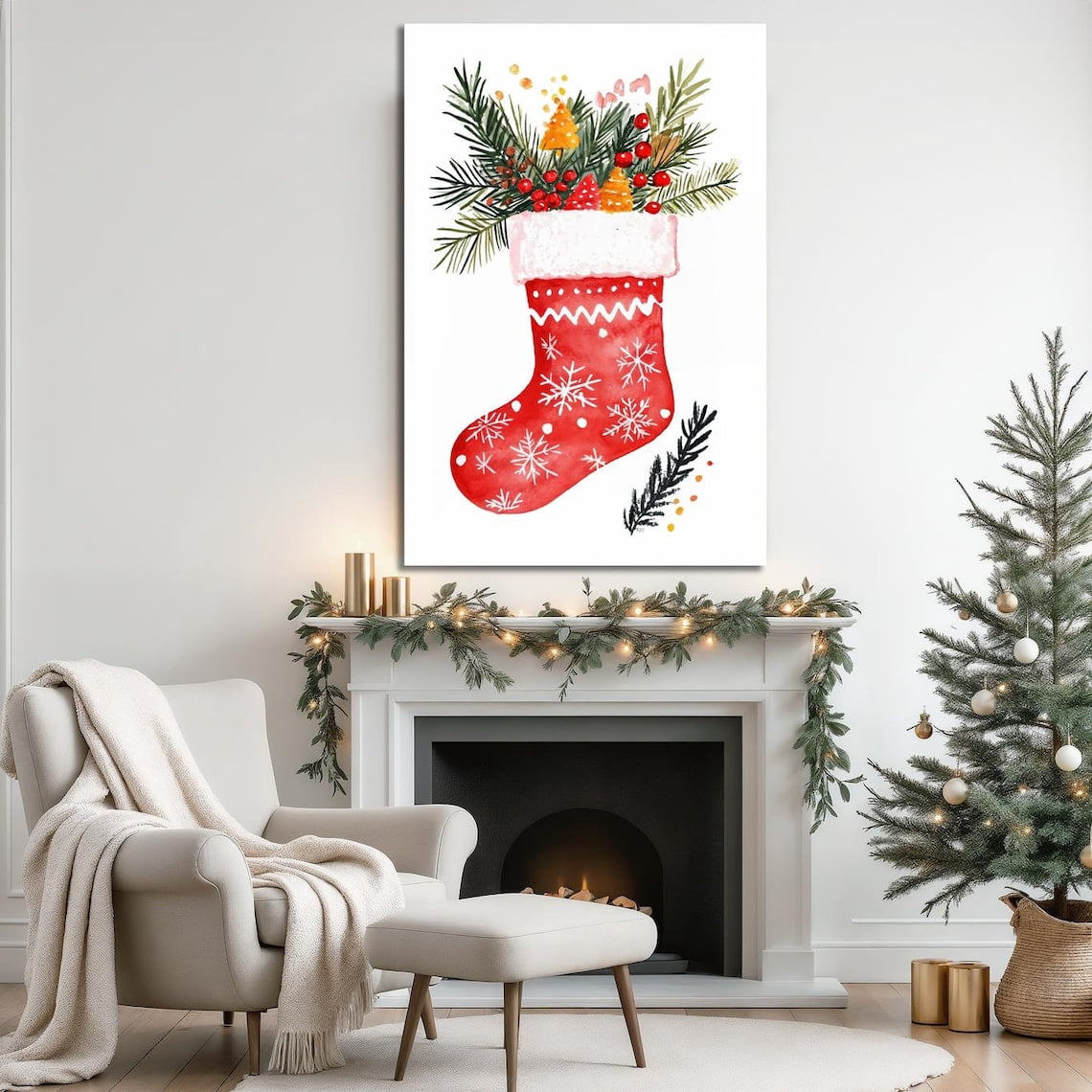Red Stocking With Pine And Berries Wall Art Festive Poster Cozy Decor ...