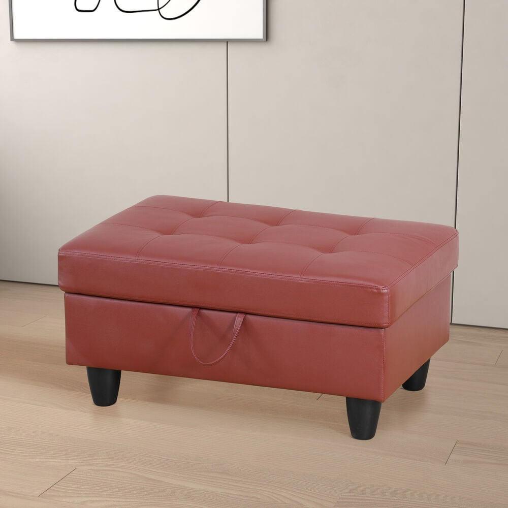 Red Storage Ottoman Footstool Faux Leather Large Seat Couch Modern ...