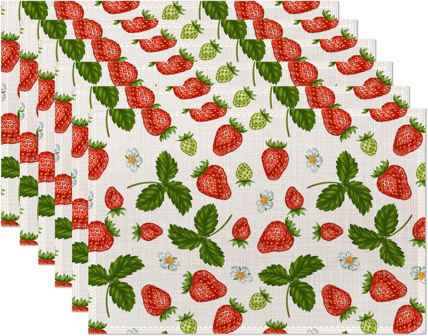 Red Strawberries Leaves Flower Placemats Set of 6,Waterproof Non-Slip ...