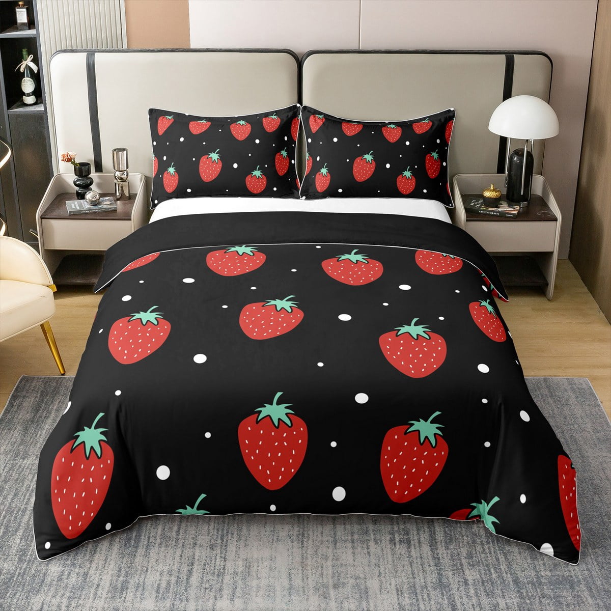Red Strawberry Bedding Set Twin Size,White Polka Dot 100% Cotton Duvet ...
