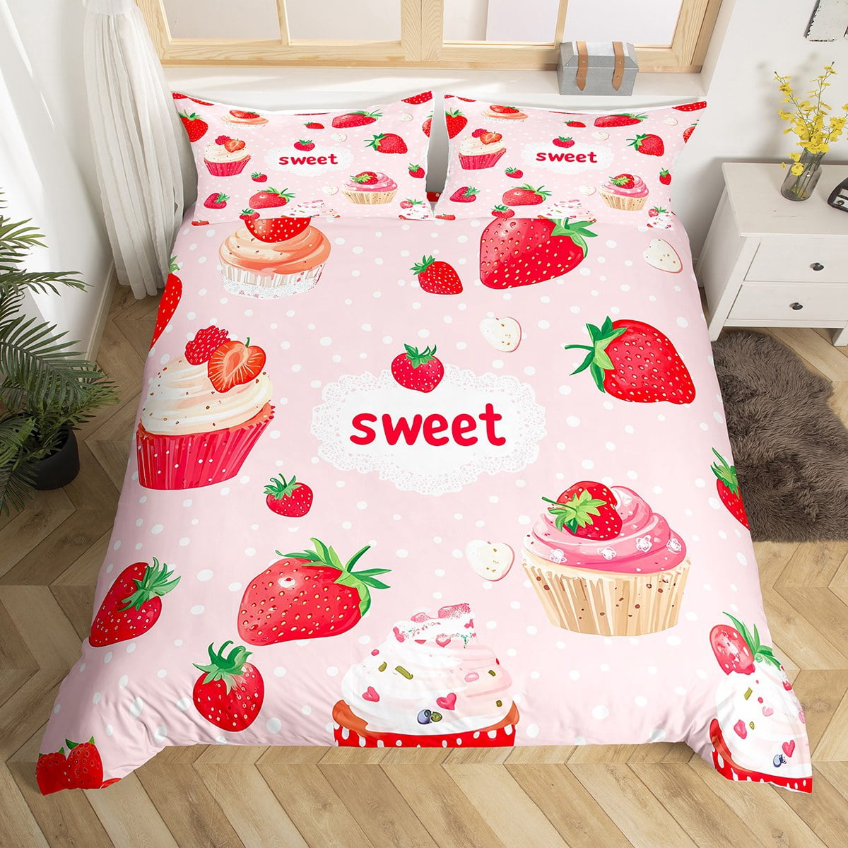 Red Strawberry Duvet Cover Set King Size,Fruits Cupcake Bedding Sets ...