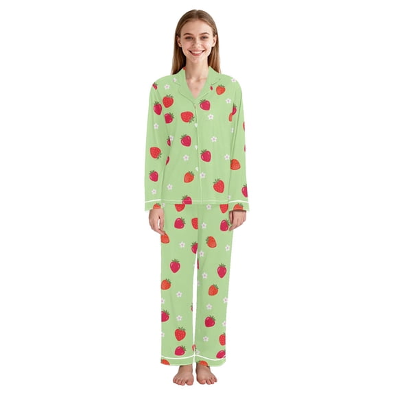 Red Strawberry Flower Pattern Women Pajama Set Soft Notch Collar Button ...