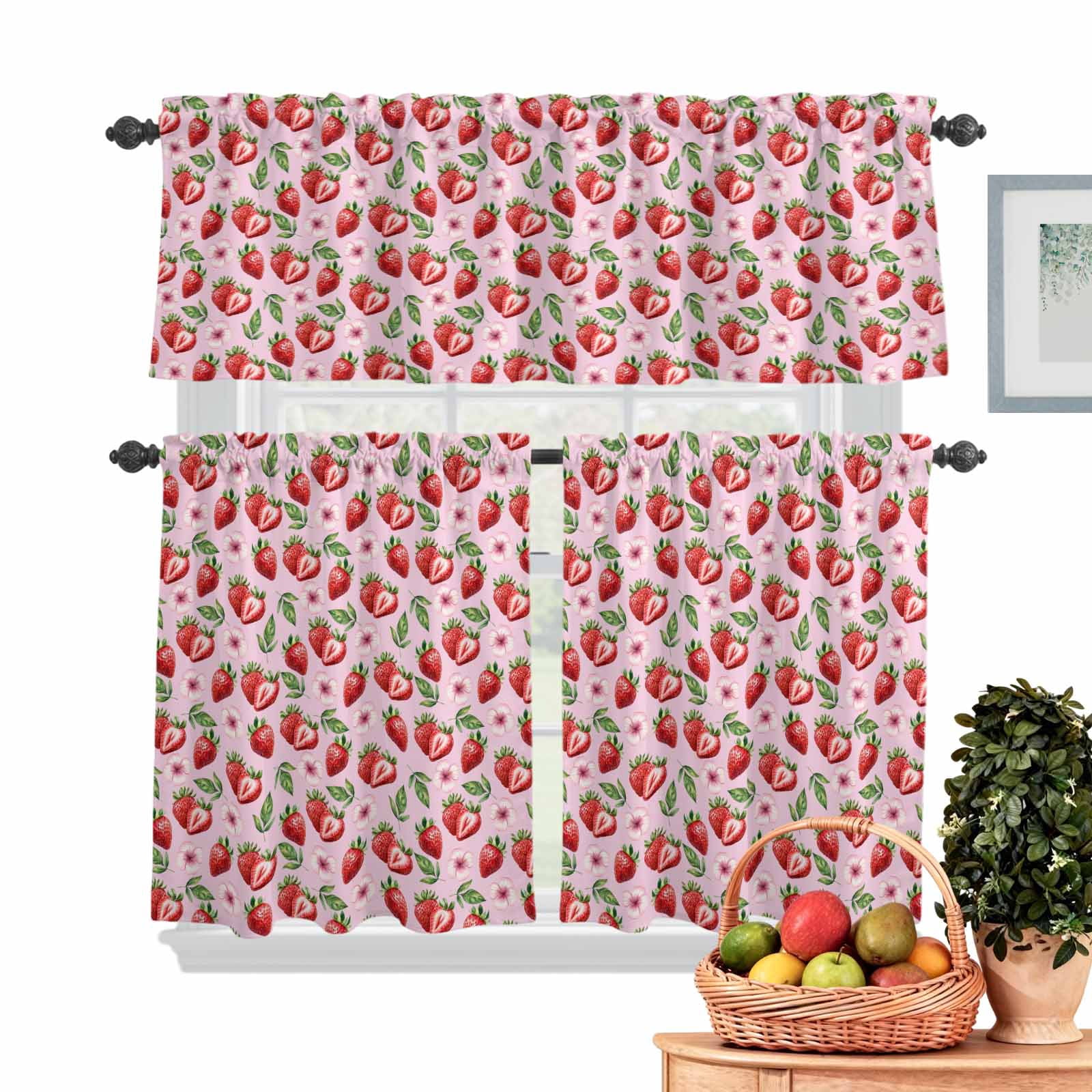 Red Strawberry Kitchen Curtains Valances 3 Piece Set, Pink Flower ...