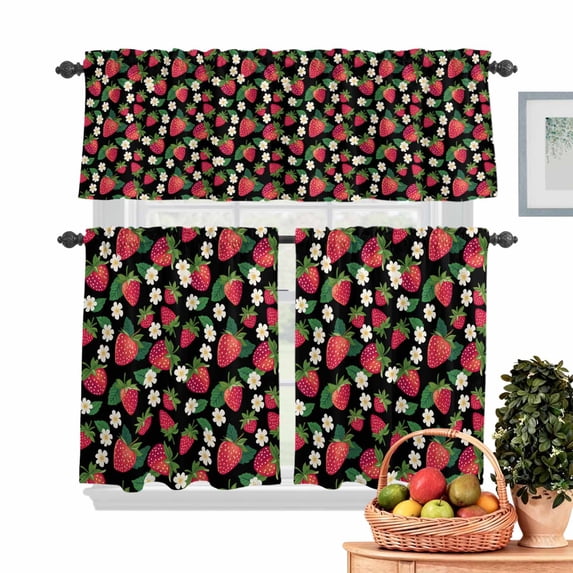 Red Strawberry Kitchen Curtains Valances 3 Piece Set, White Flowers ...