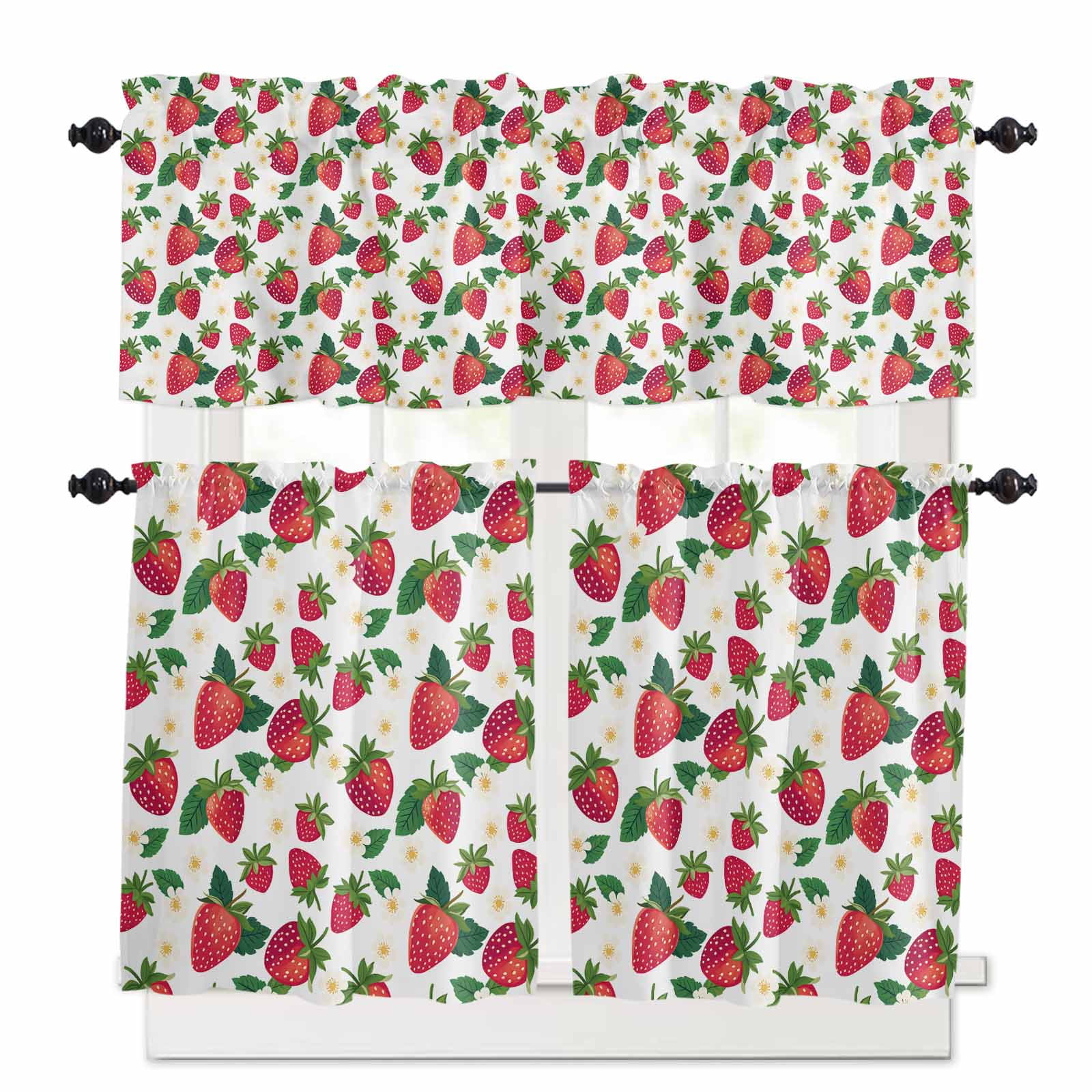 Red Strawberry Kitchen Curtains and Valances Set, White Flowers Leaf ...