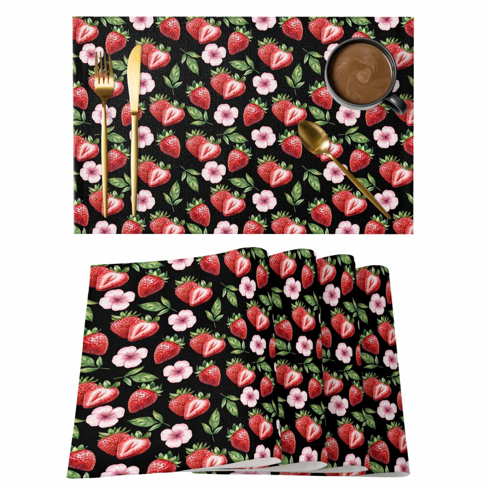 Red Strawberry Placemats Set of 1, Pink Flowers Summer Black Background ...