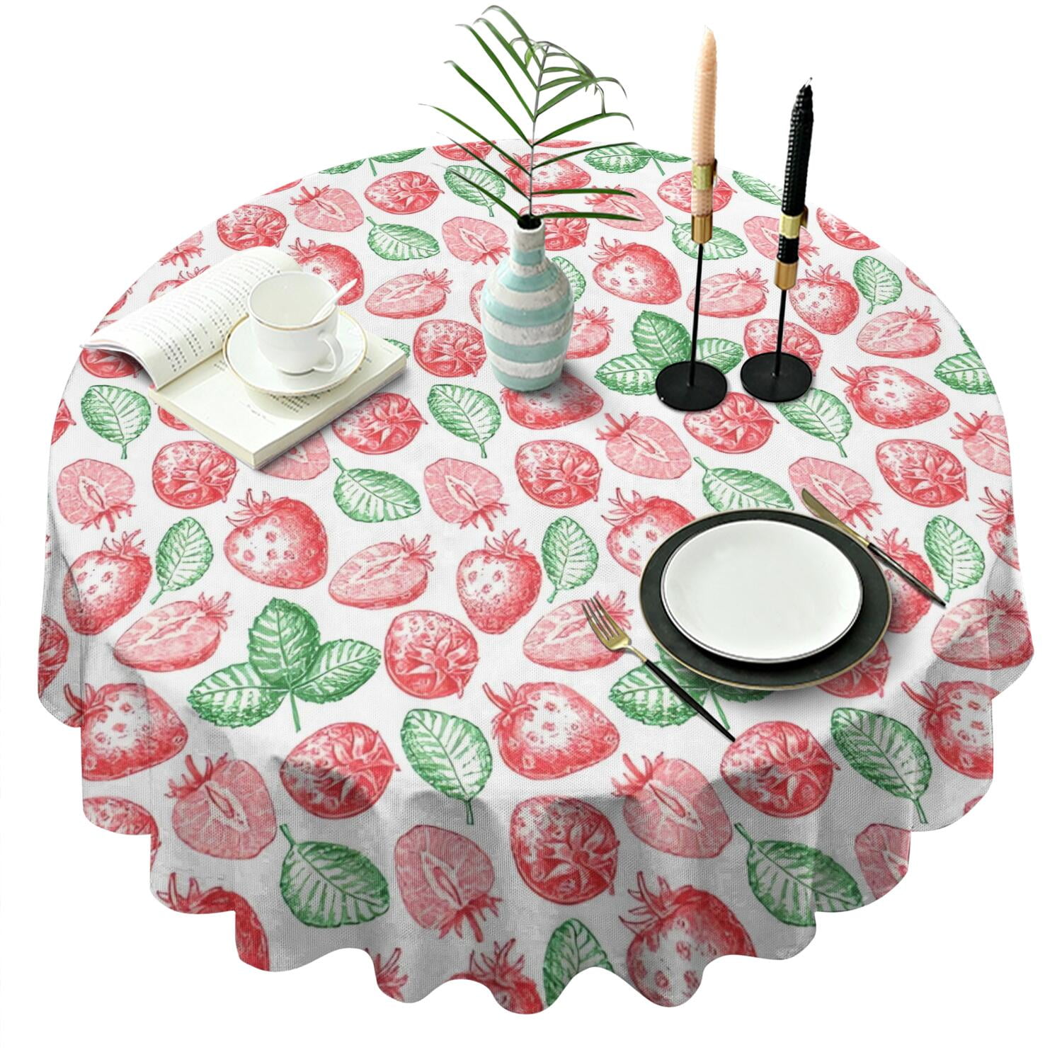 Red Strawberry Plants Fruit Green Leaf White Pattern Round Tablecloth ...