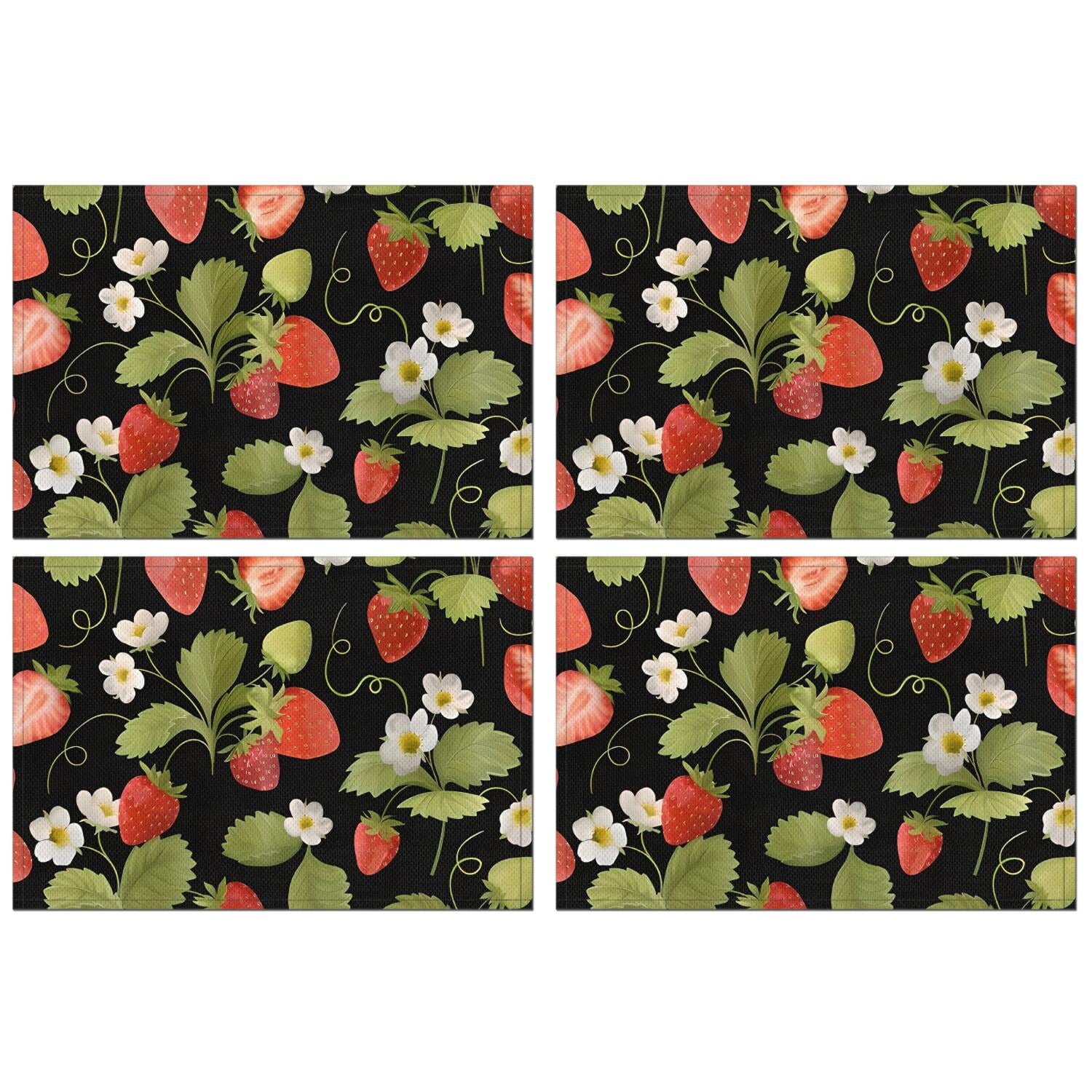 Red Strawberry Plants Fruit Leaf Black Pattern Summer Placemats Table ...