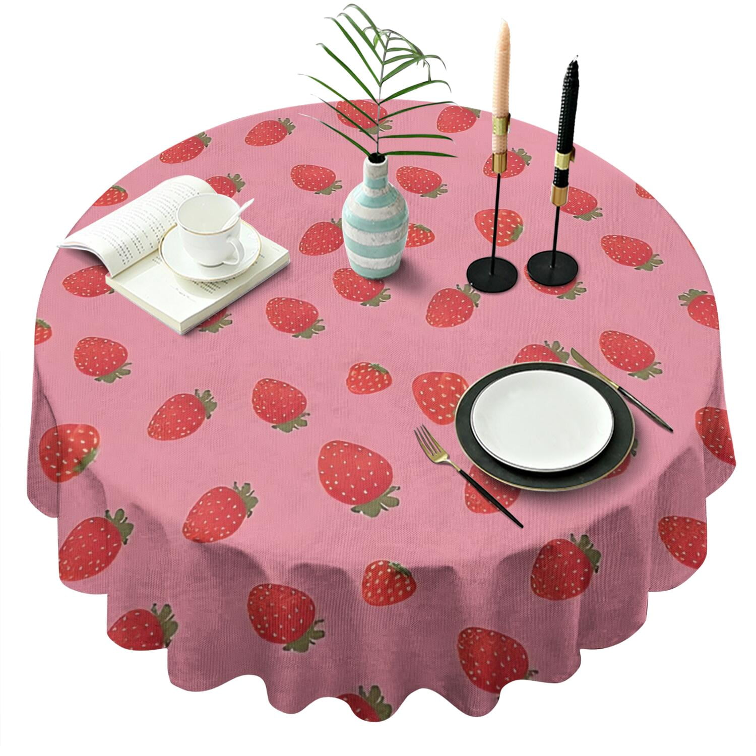 Red Strawberry Plants Fruit Pink Pattern Round Tablecloth 60"x60 ...